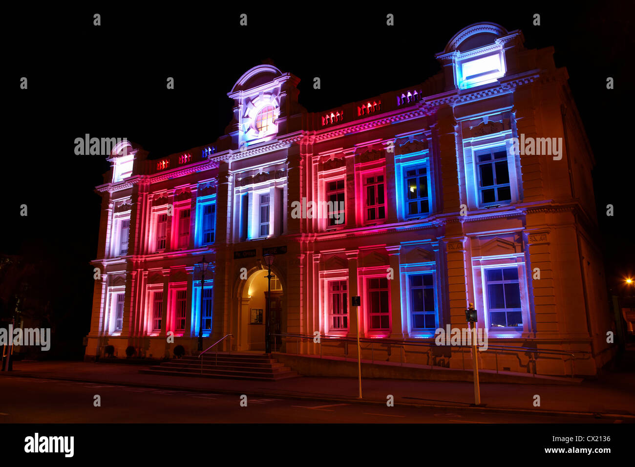 Colourful lighting on Historic Opera House (1907), Oamaru, North Otago ...