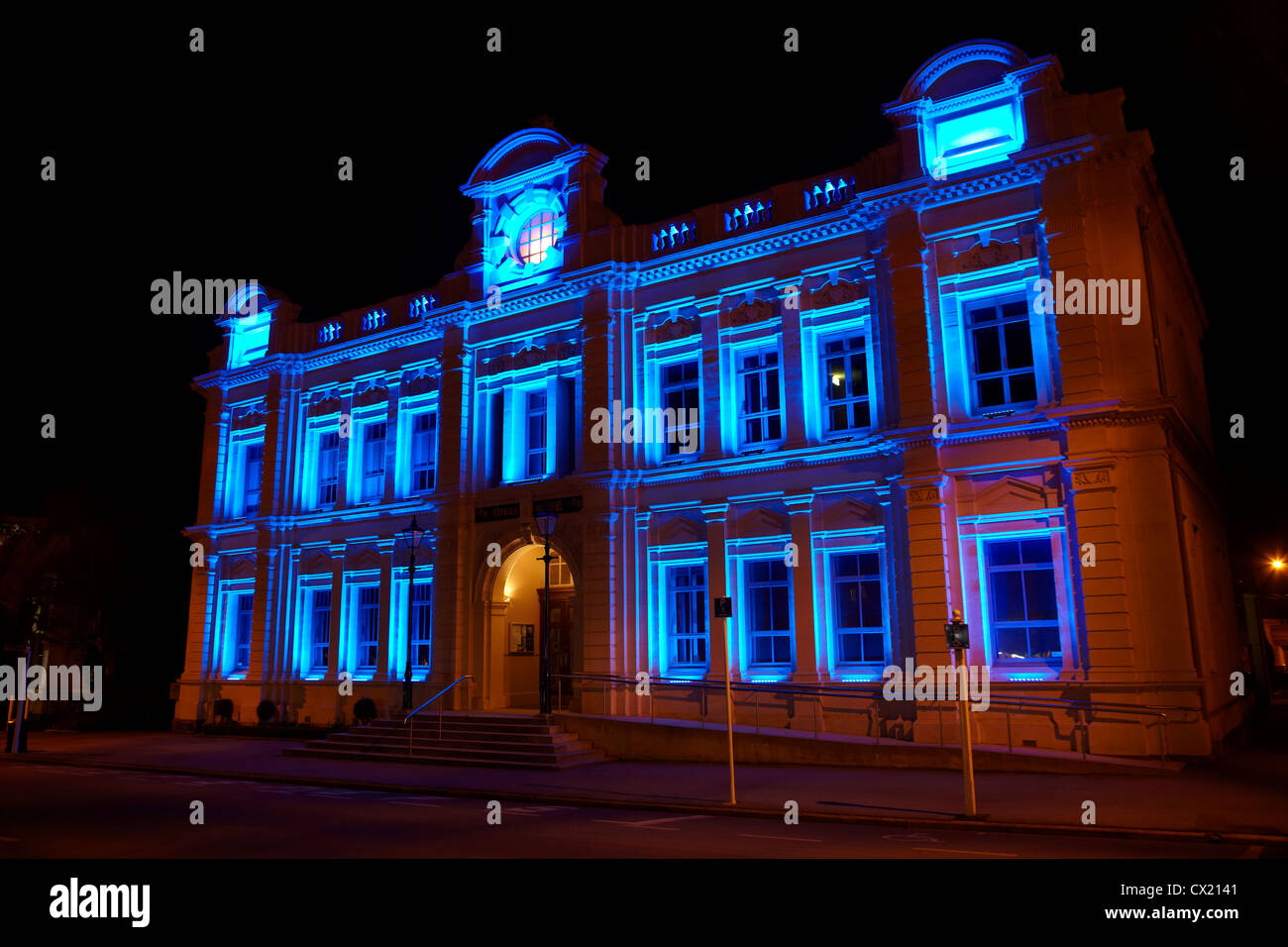 Colourful lighting on Historic Opera House (1907), Oamaru, North Otago ...