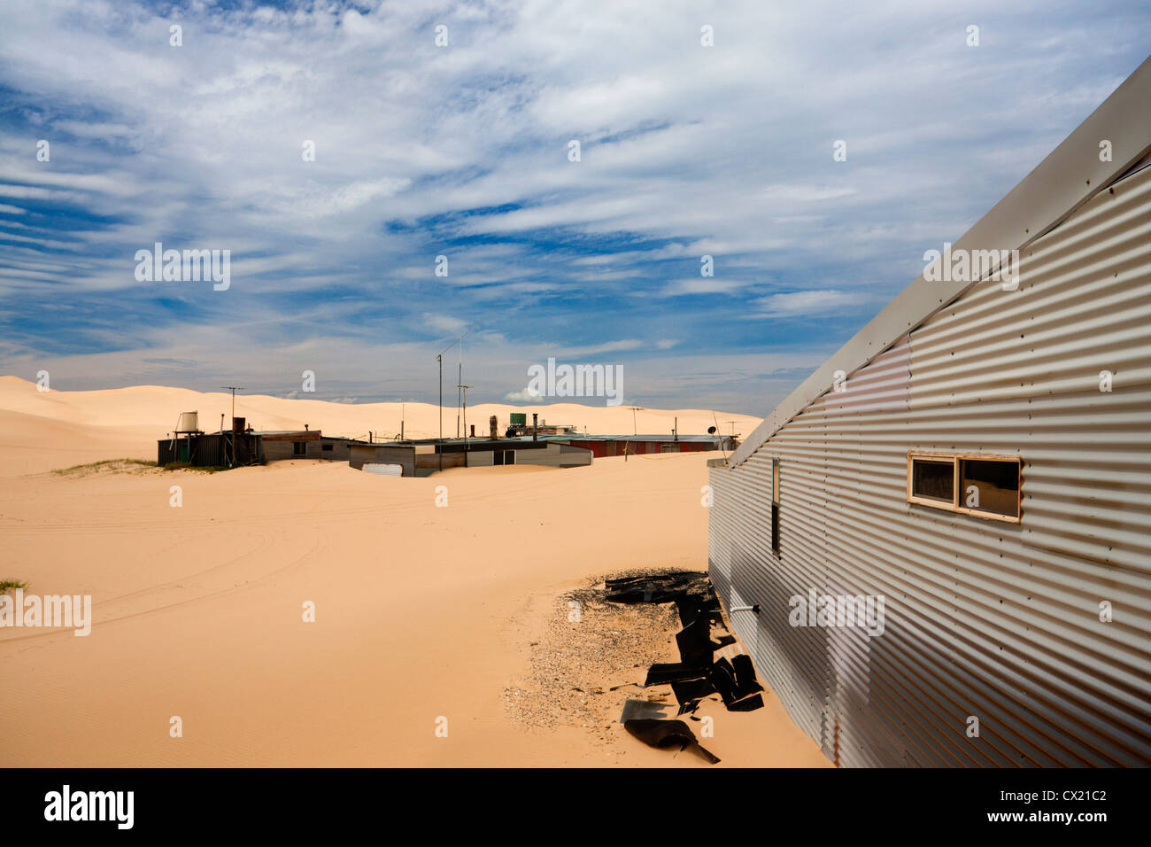 Tin City Fishermen's shacks / huts in dunes on Stockton Beach (Bight ...