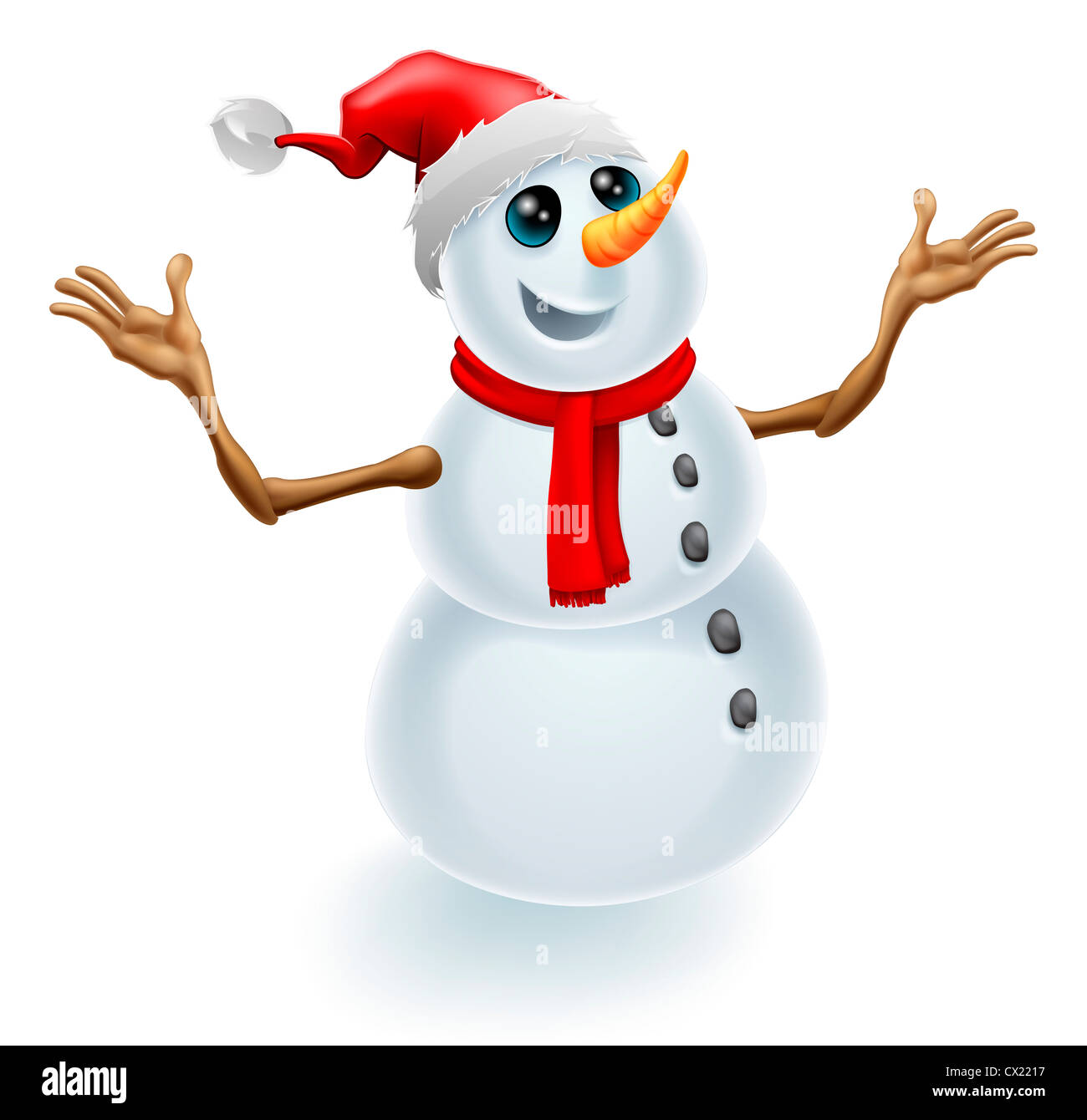 A cute happy Christmas snowman wearing a Santa hat and scarf Stock ...