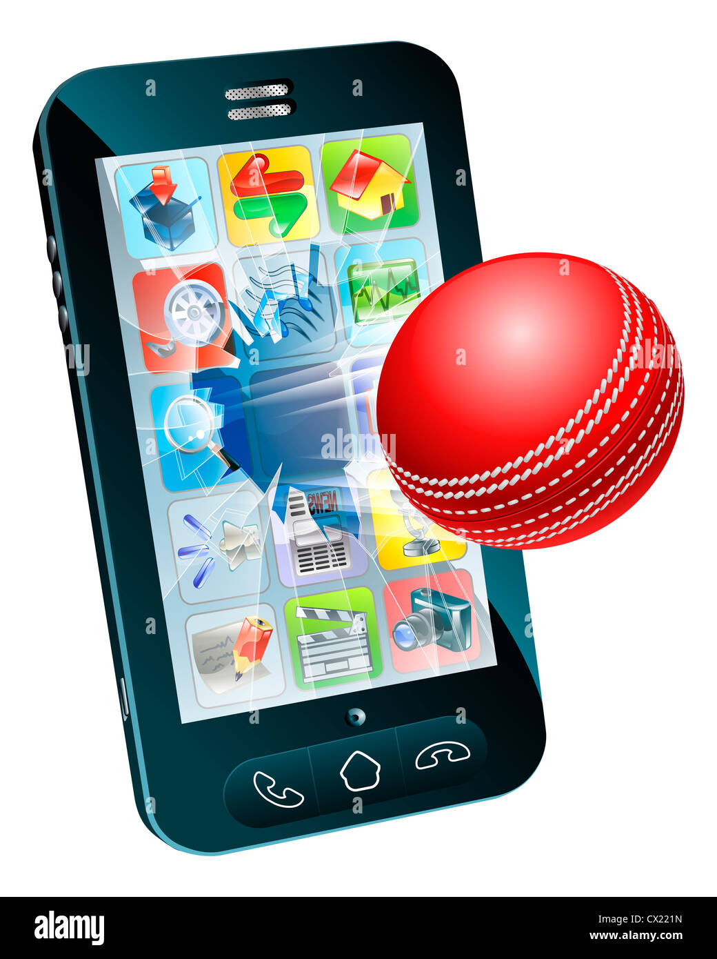 Illustration of an cricket ball flying out of mobile phone screen Stock ...