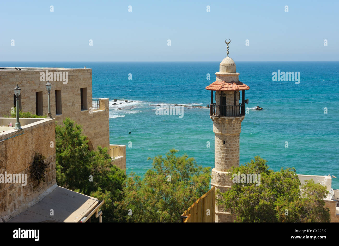The sea, the houses and trees of Old Jaffa Stock Photo - Alamy