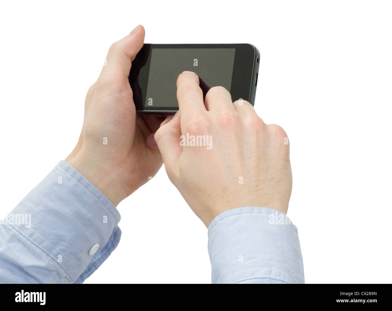 Hands holding mobile isolated on white Stock Photo - Alamy