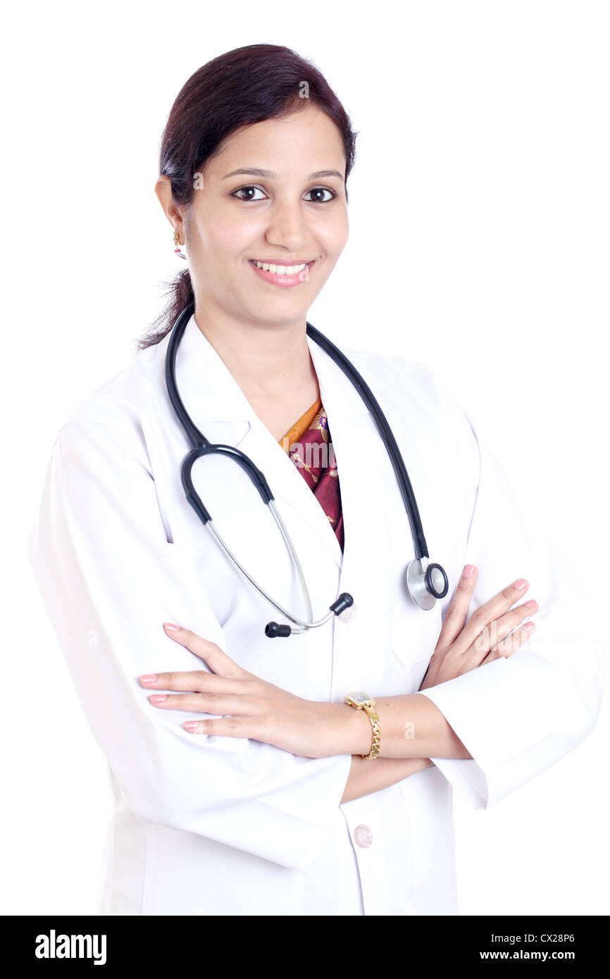 Arms crossed doctor woman against white Stock Photo - Alamy