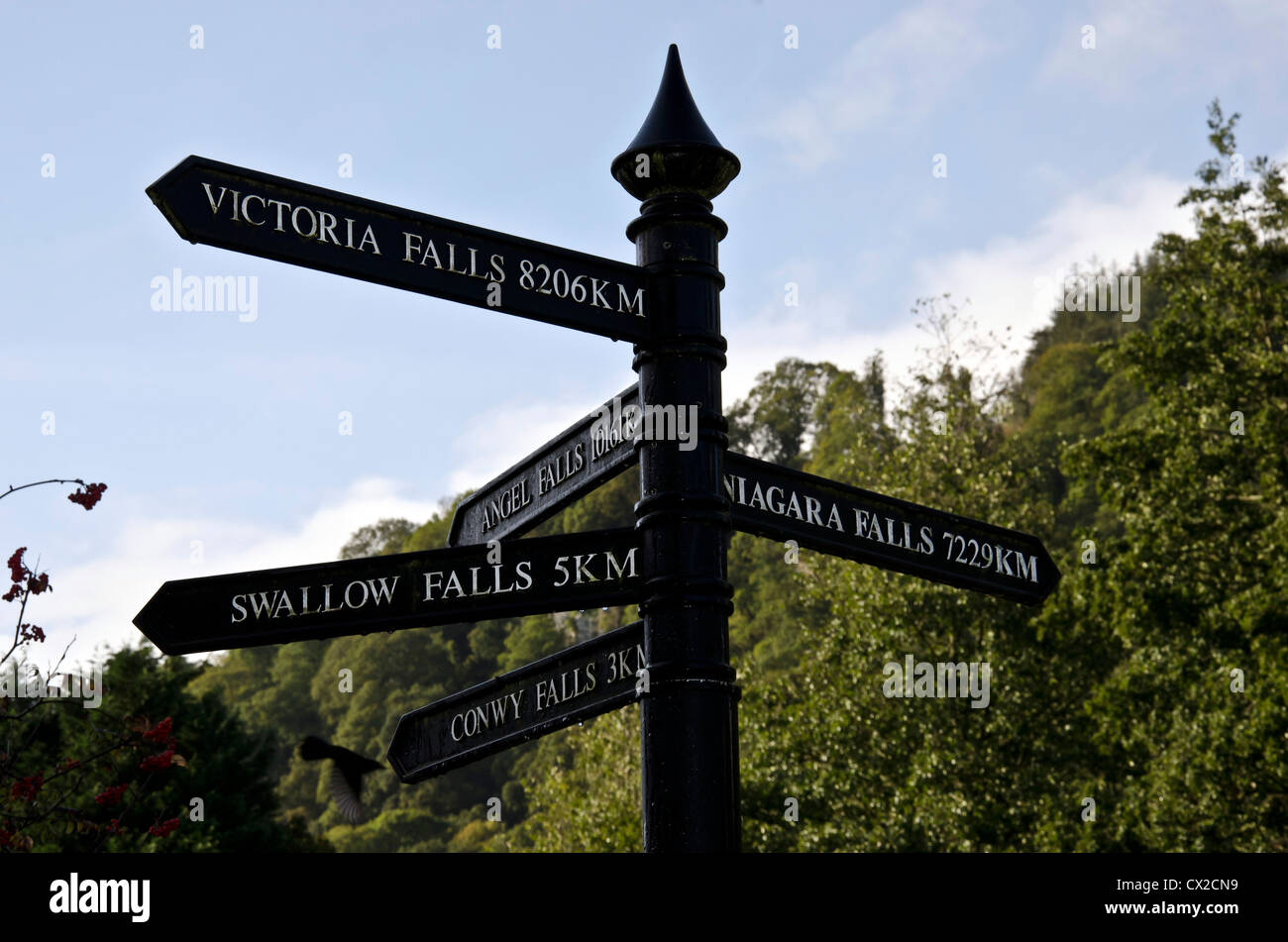 Sign post showing famous waterfalls of the world in Betws-y-Coed, North ...