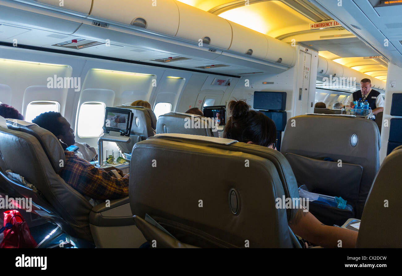 USA, Crowd People, Sitting in plane seats, from behind, with Steward ...