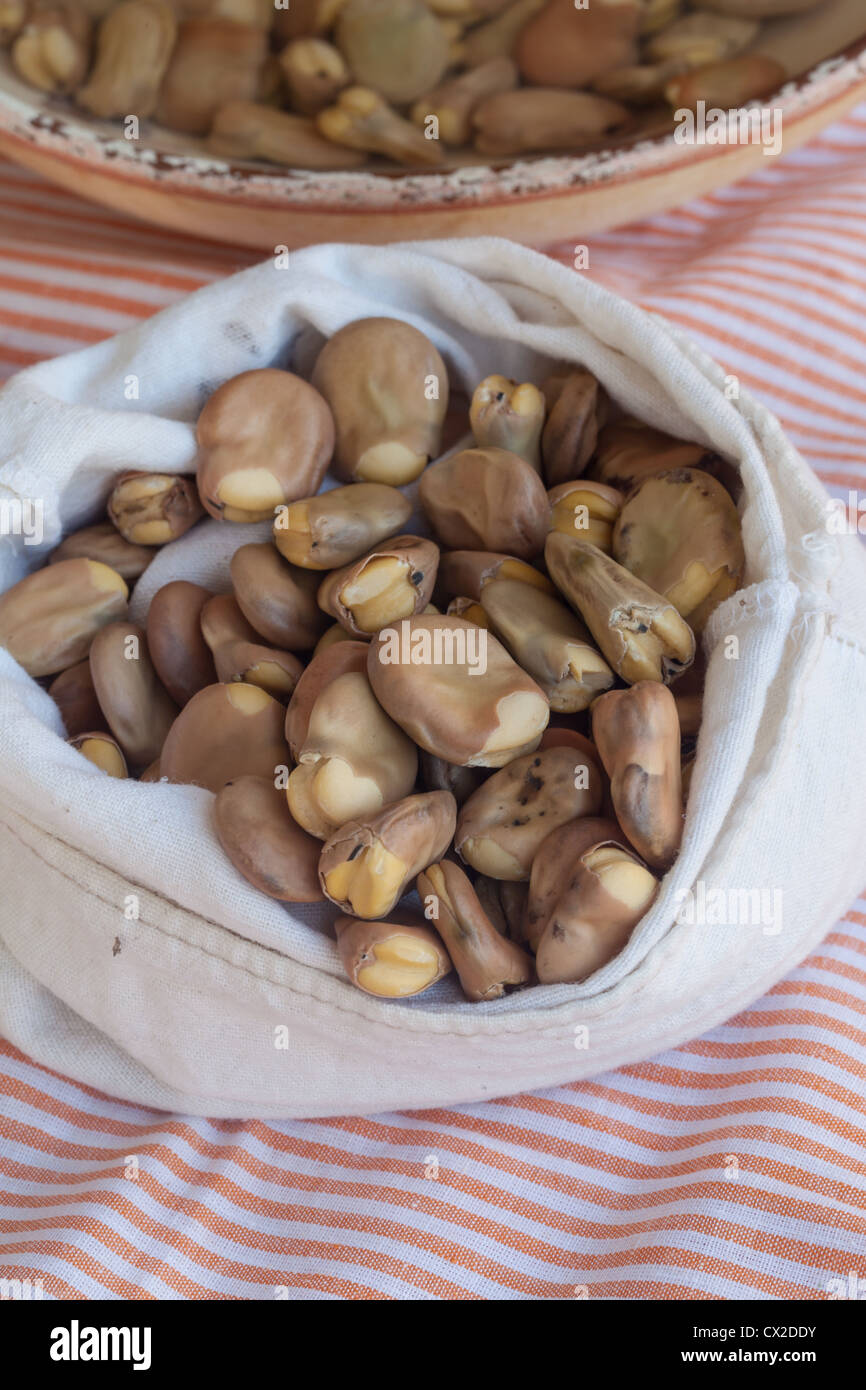 Bunch of raw broad beans in a canvas bag Stock Photo - Alamy