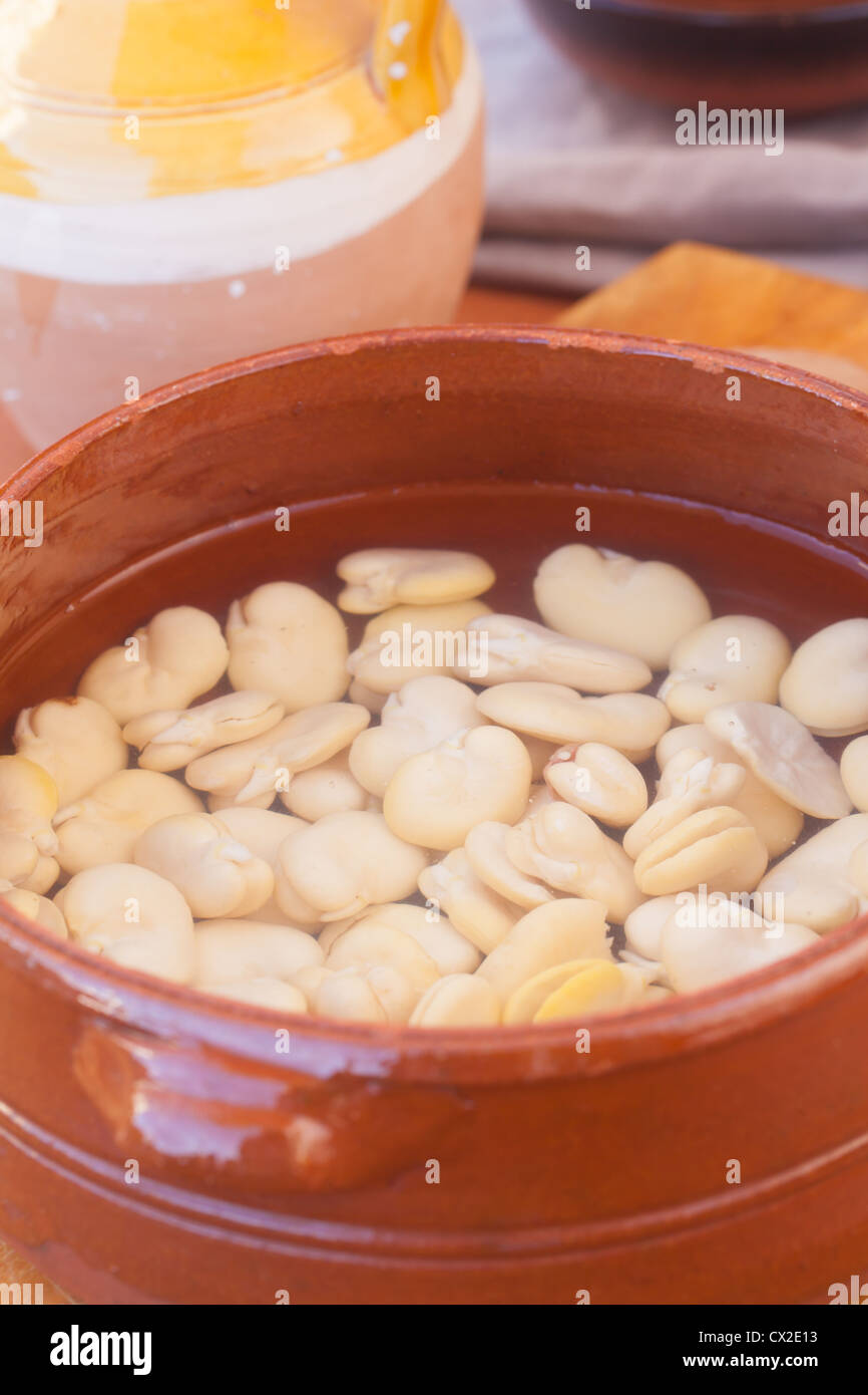 Ceramic pot of raw broad beans underwater before preparation Stock ...