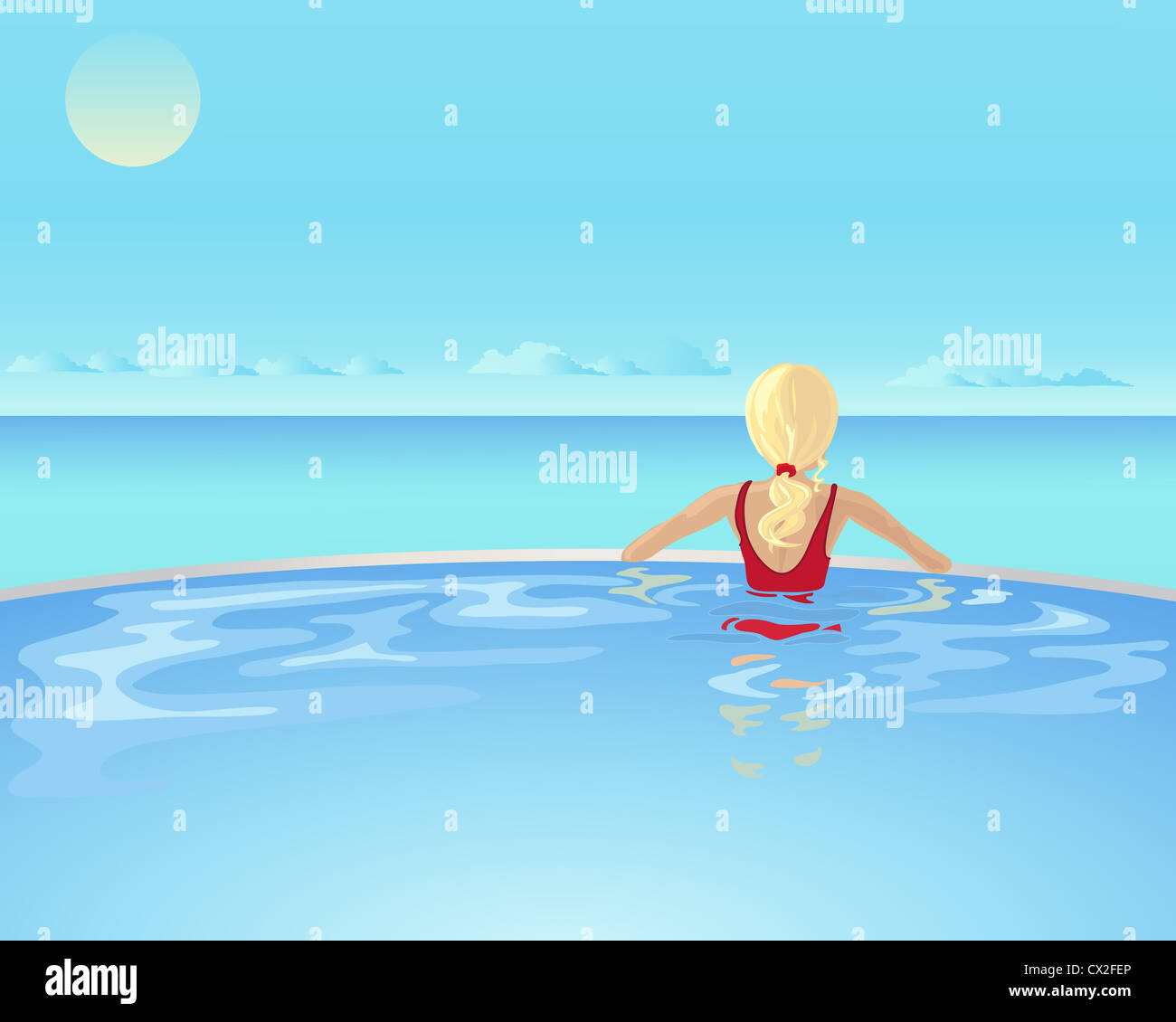 an illustration of a beautiful infinity pool with a woman in a red ...