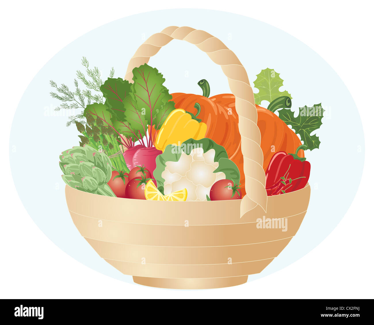 an illustration of a hamper full of colorful home grown organic ...