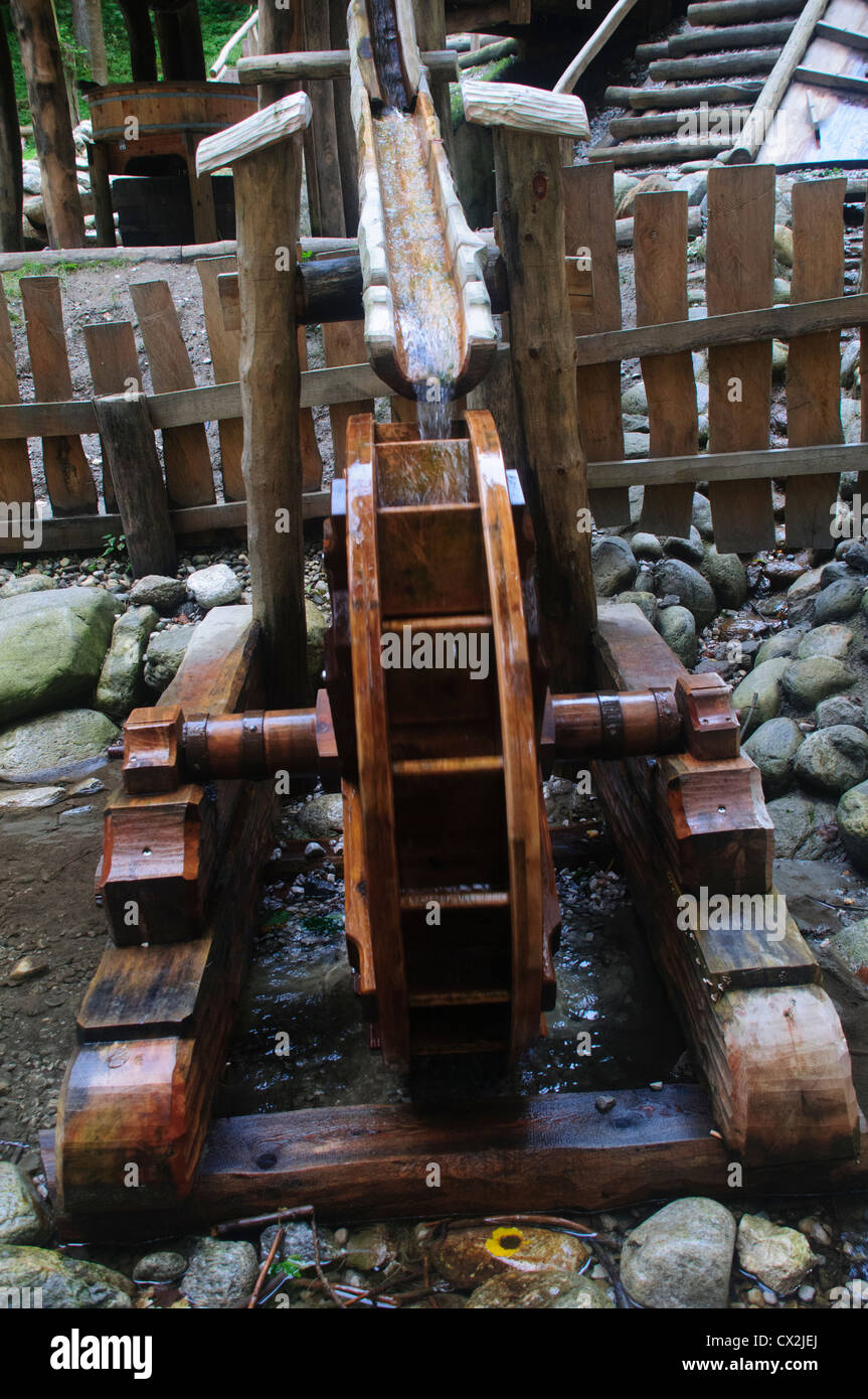 wooden Waterwheel model photographed in Austria, Tyrol Zillertal forest ...