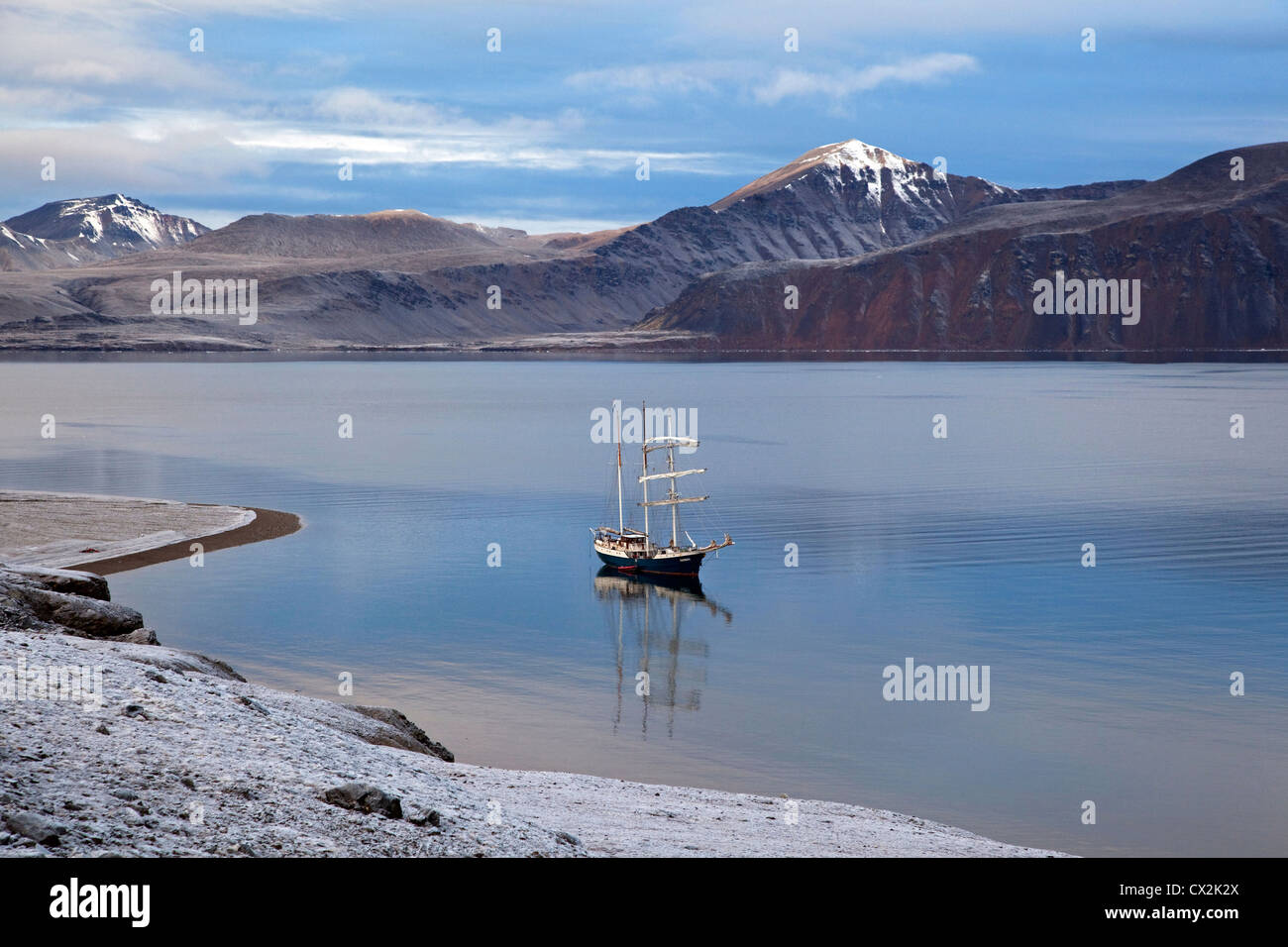 The tall ship Antigua sailing in the Krossfjorden, Svalbard ...