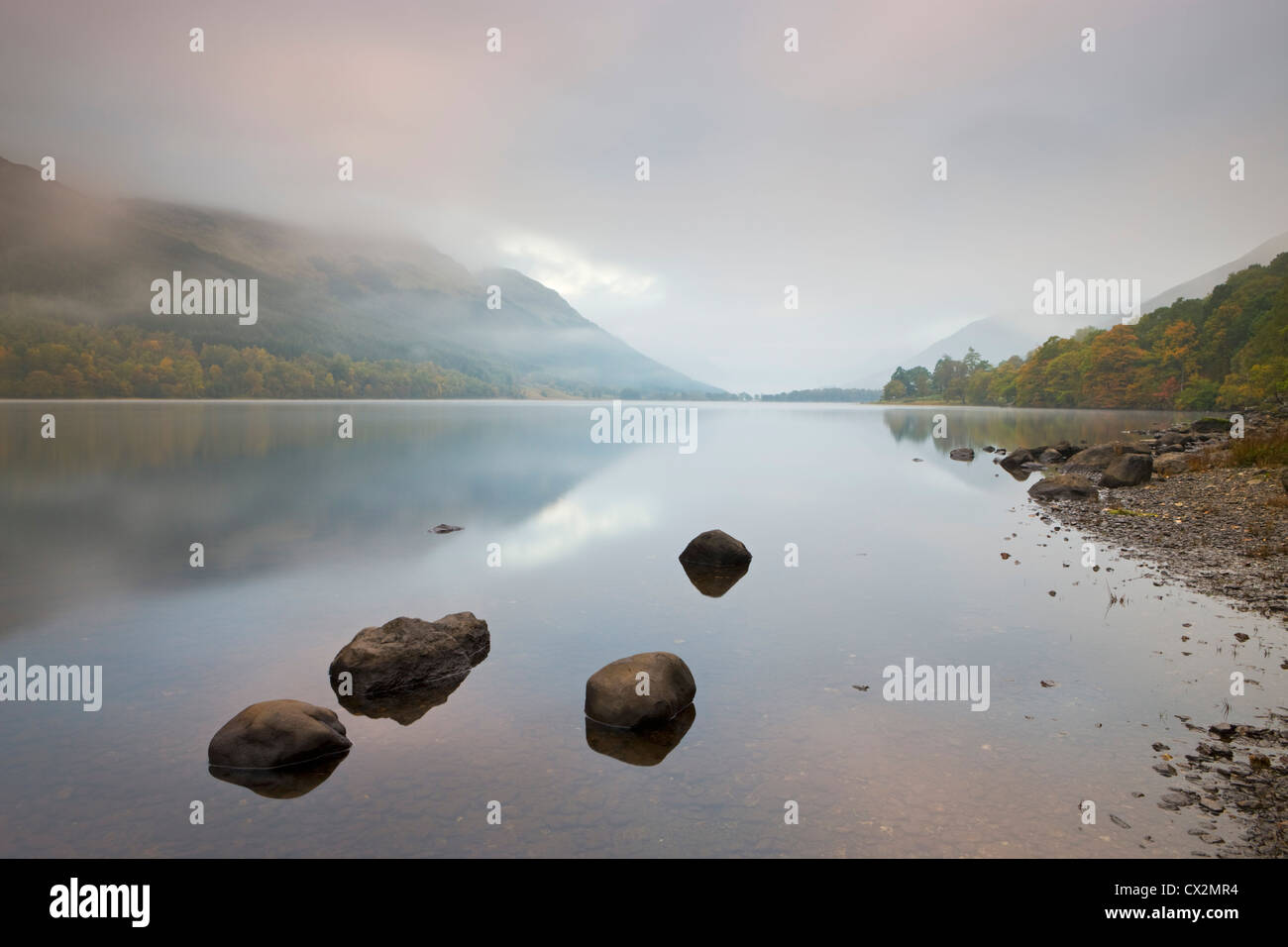 Loch Voil shrouded in mist at dawn, Balquhidder, Loch Lomond and The ...