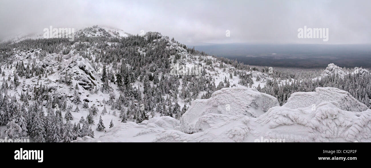 Landscape. Snowbound trees and rocks in taiga. Winter forest. National ...