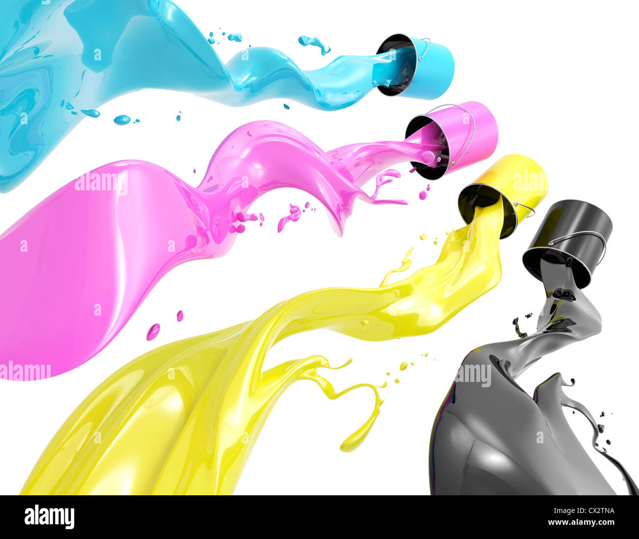 Definition of CMYK color system. Four colors in the form of liquid on a ...