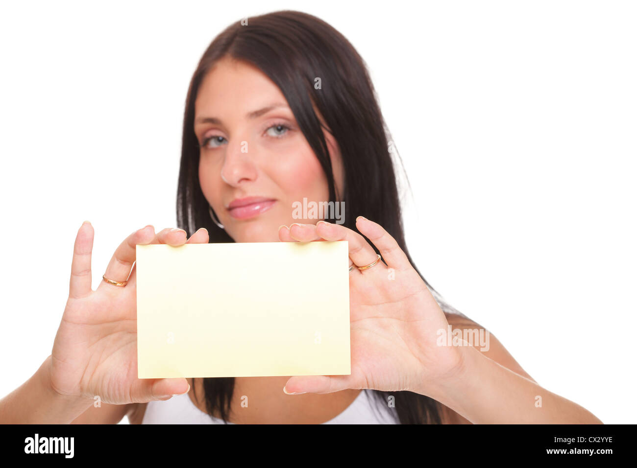 Gift card. Excited woman showing empty blank paper card sign female ...