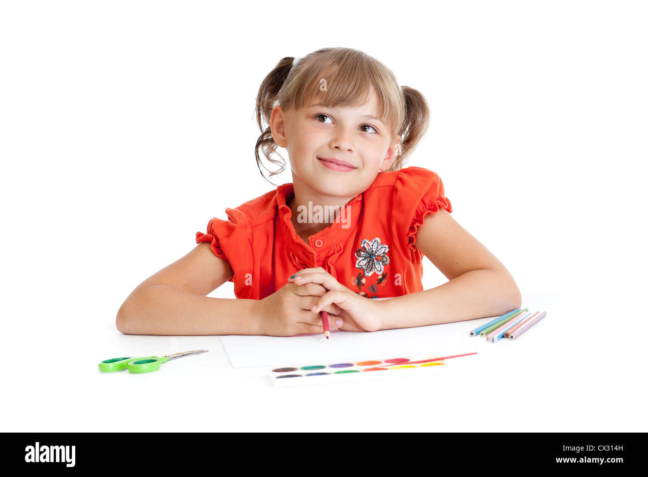 Schoolgirl with red pencil isolated Stock Photo - Alamy