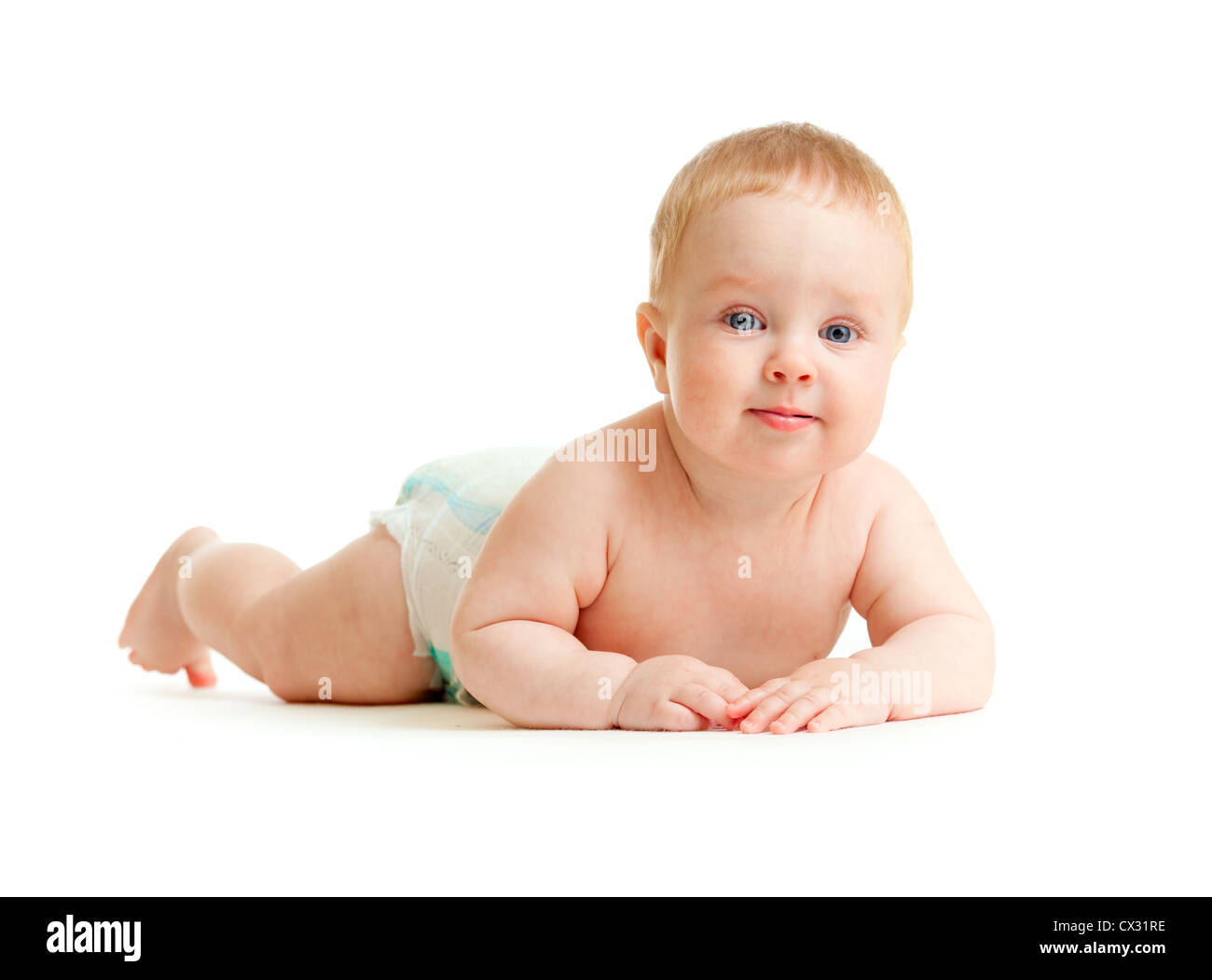 Baby boy in diaper lying isolated Stock Photo - Alamy