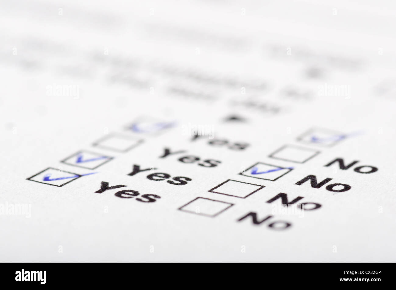 Customer questionnaire with YES and NO fields Stock Photo - Alamy