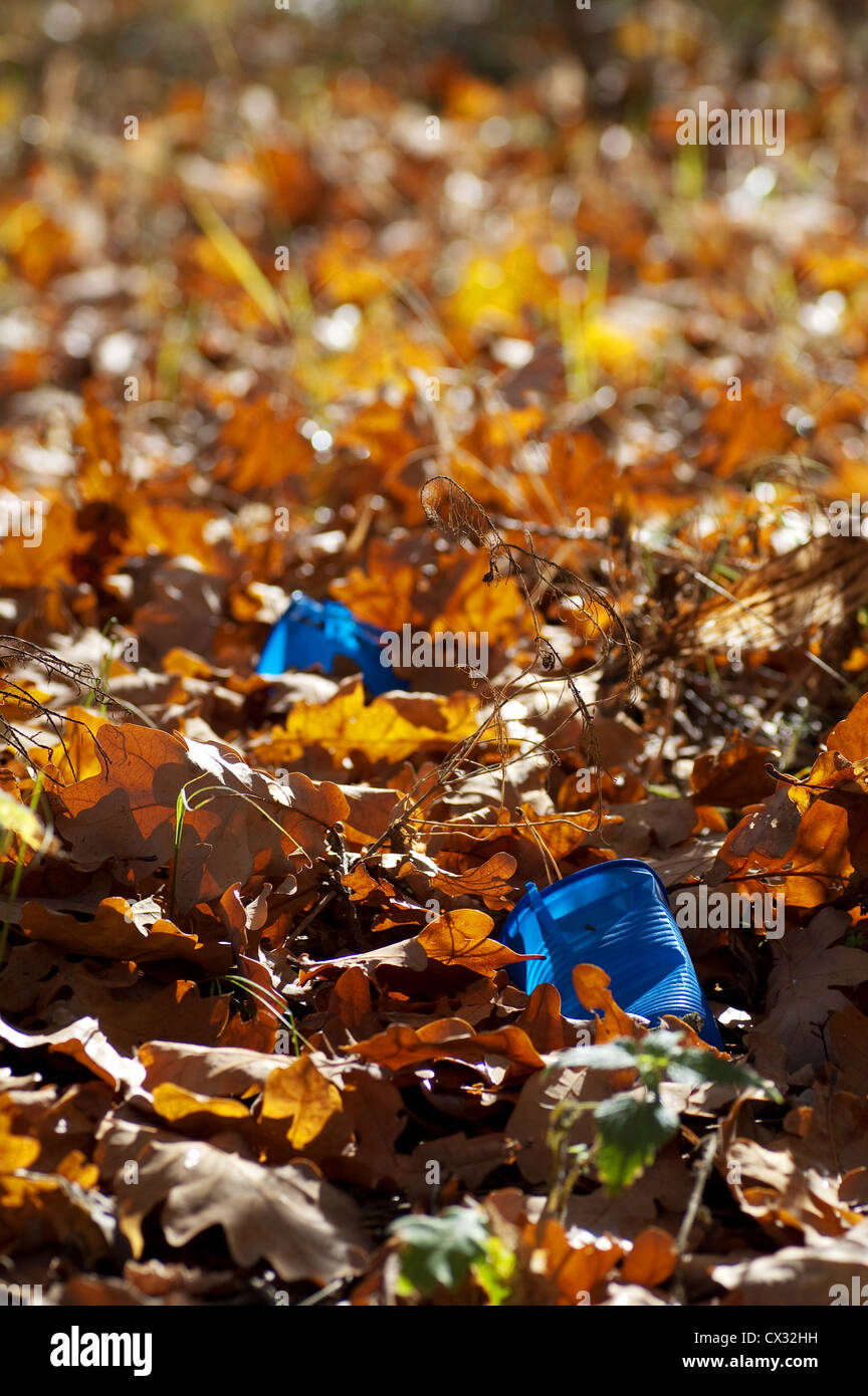 Environmental background. Plastic cups among autumn leaves in the ...