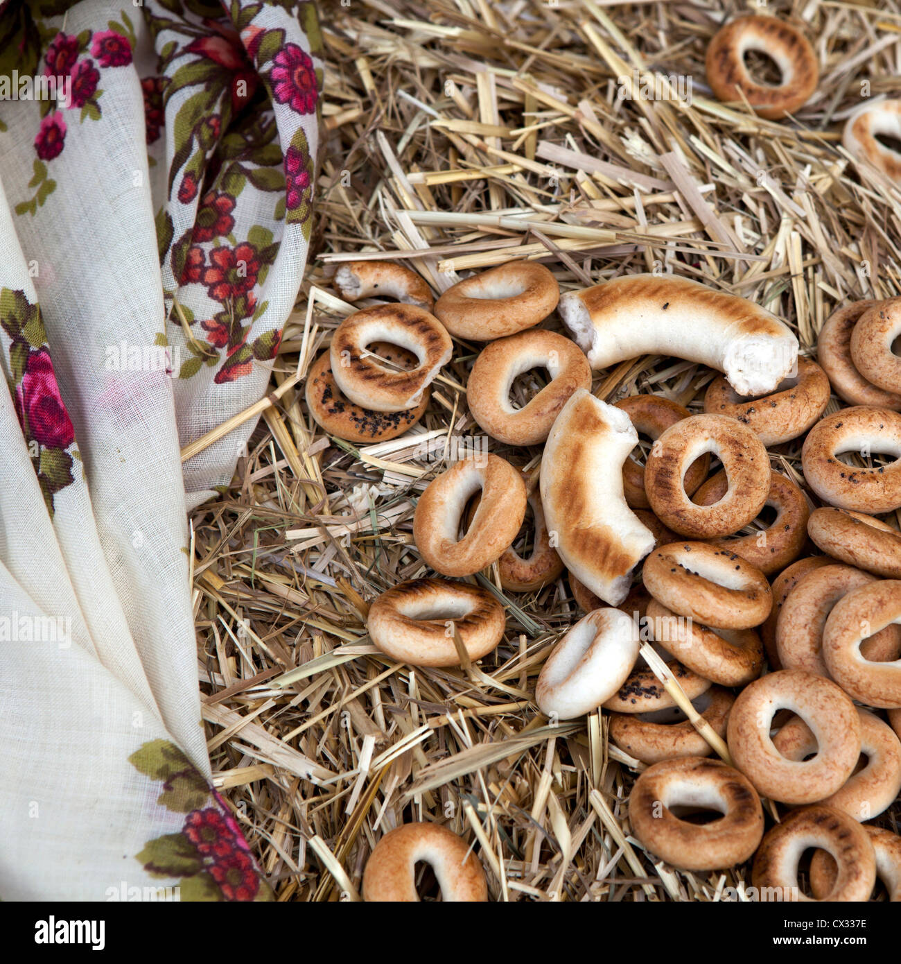 Dryings of a donut form russian meal - bread-rings lying on straw Stock ...
