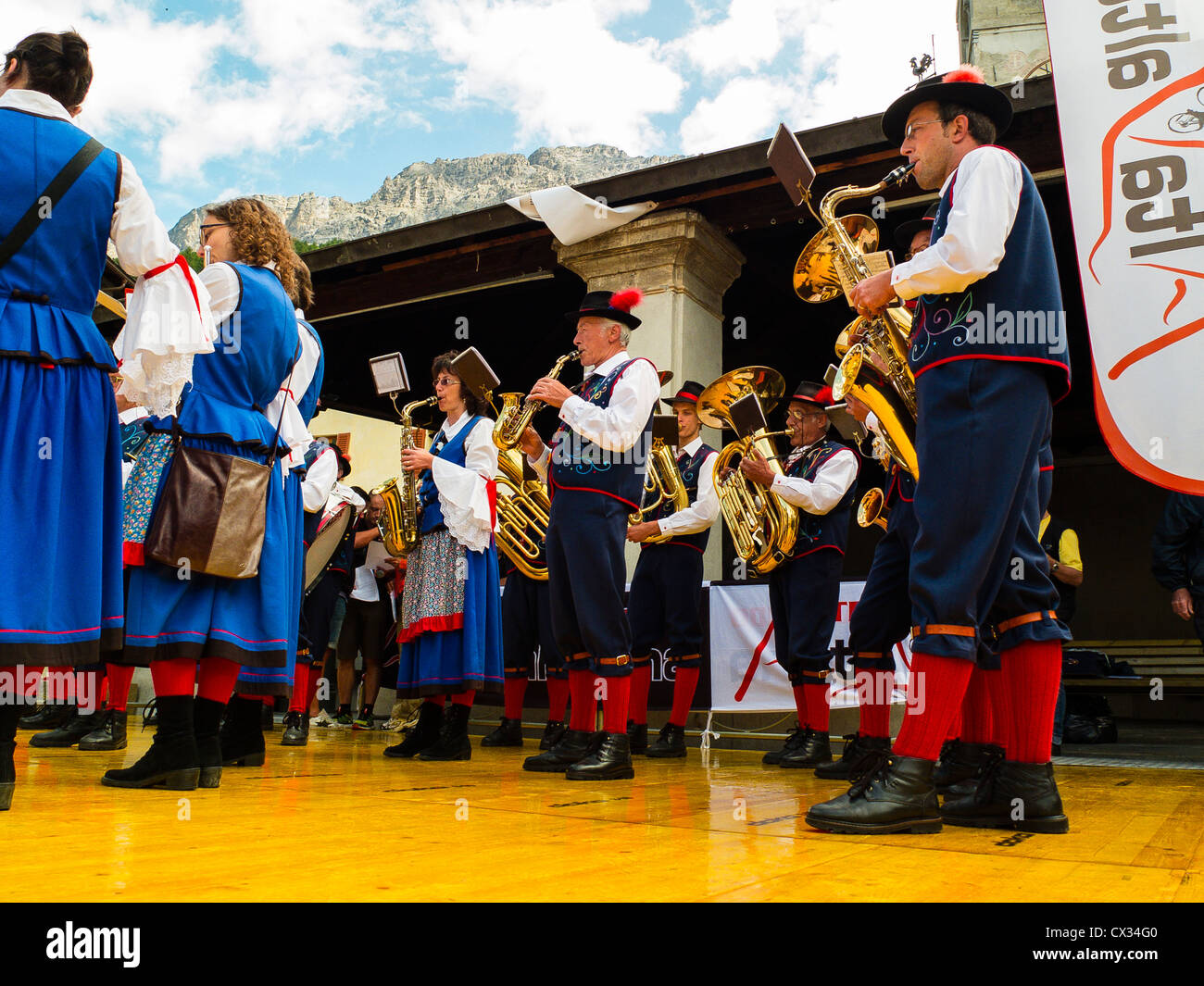 Traditional banda sounds, square Kuerc, Bormio, Valtellina, Lombardy ...