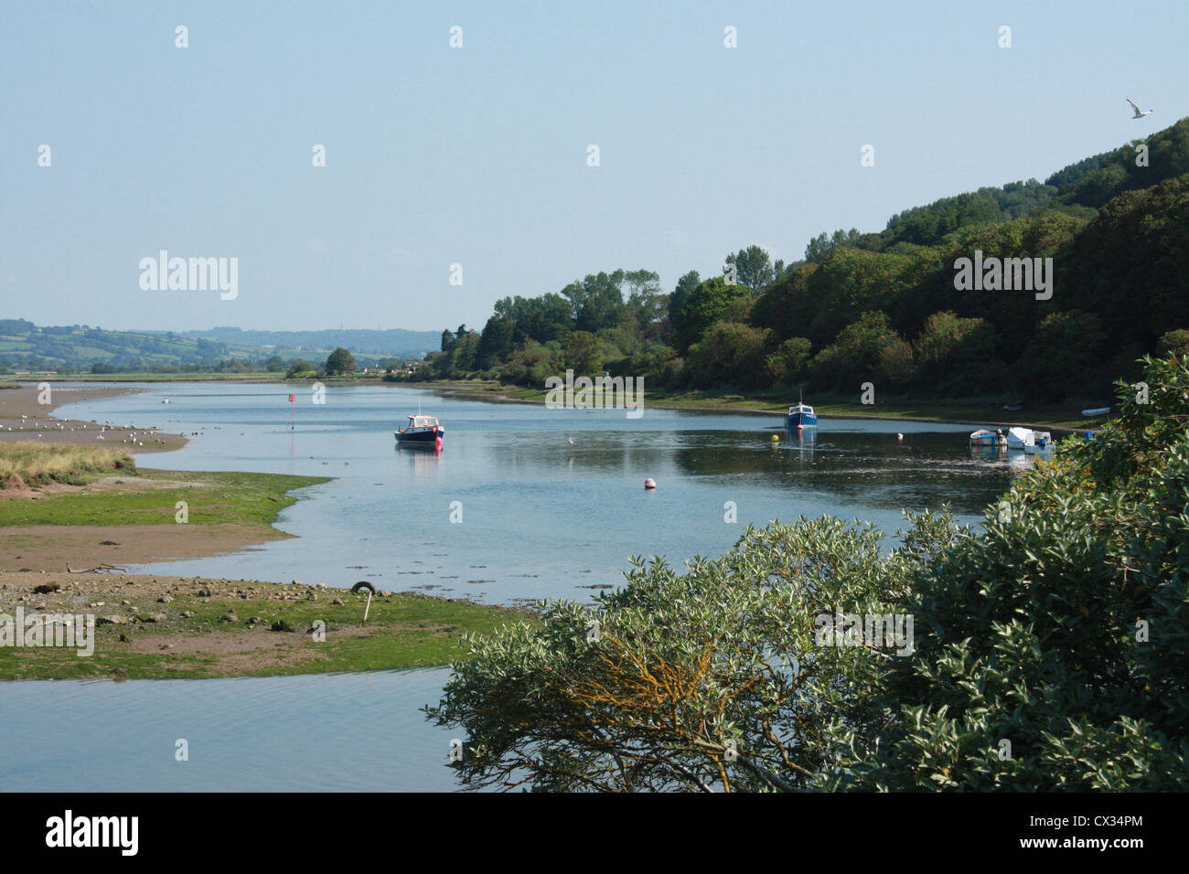 Axe estuary at Seaton, Devon, UK looking upstream towards Colyford and ...