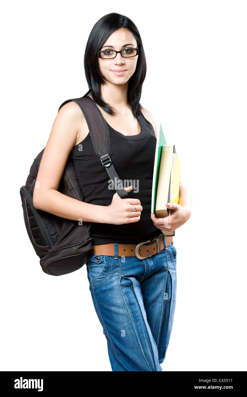 Portrait of a gorgeous young brunette student woman with bakcpack and ...