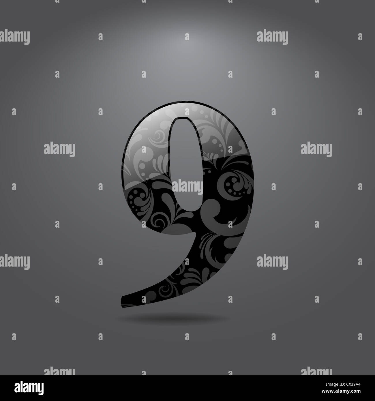 Glossy digit 9 - symbol with floral ornate, isolated on gray background ...
