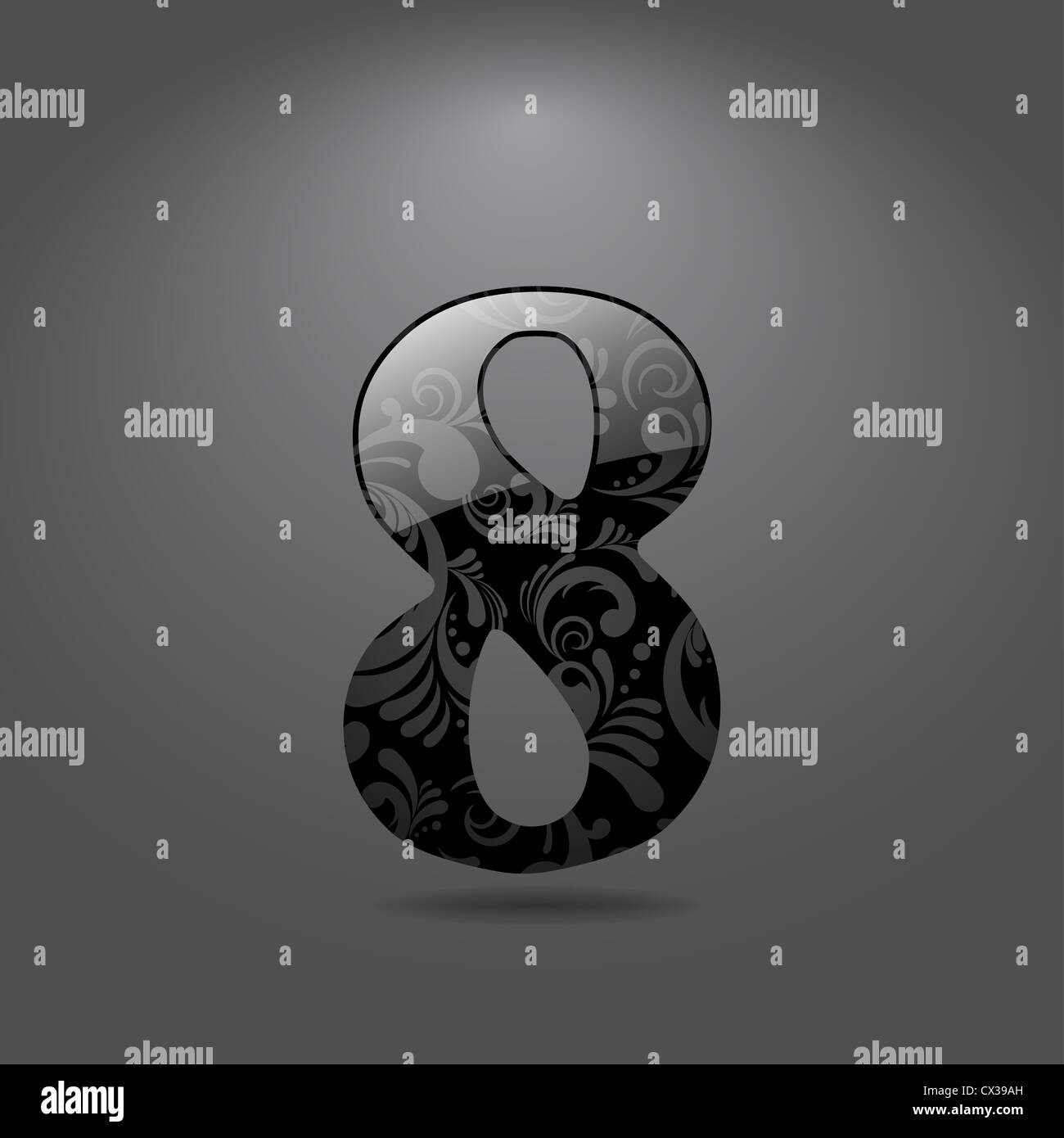Glossy digit 8 - symbol with floral ornate, isolated on gray background ...