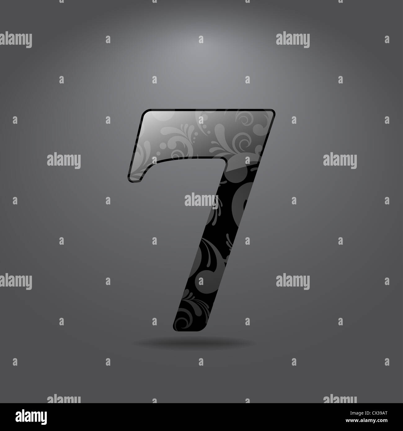 Glossy digit 7 - symbol with floral ornate, isolated on gray background ...