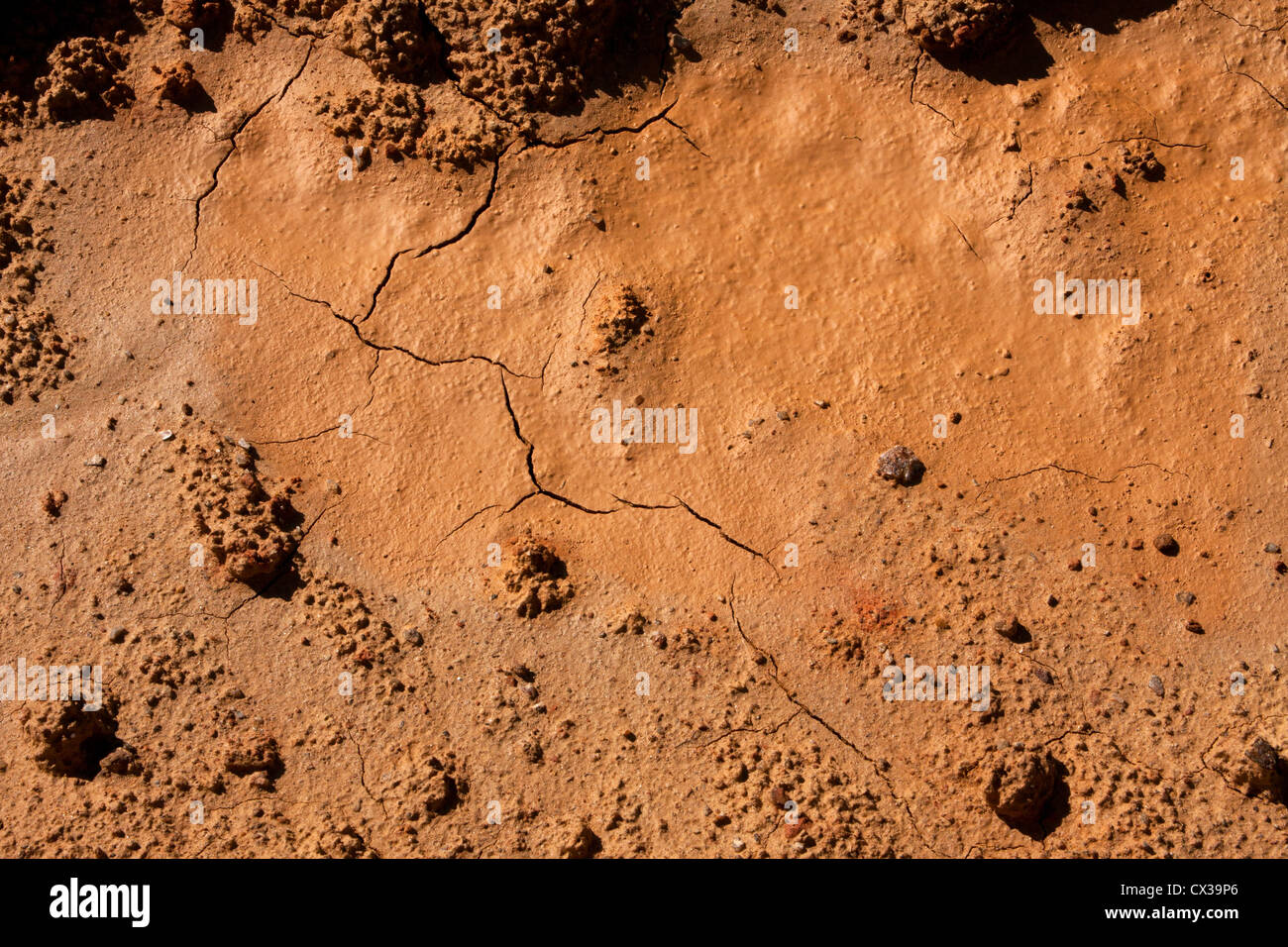 An area of dried mud at a construction site has the appearance and ...