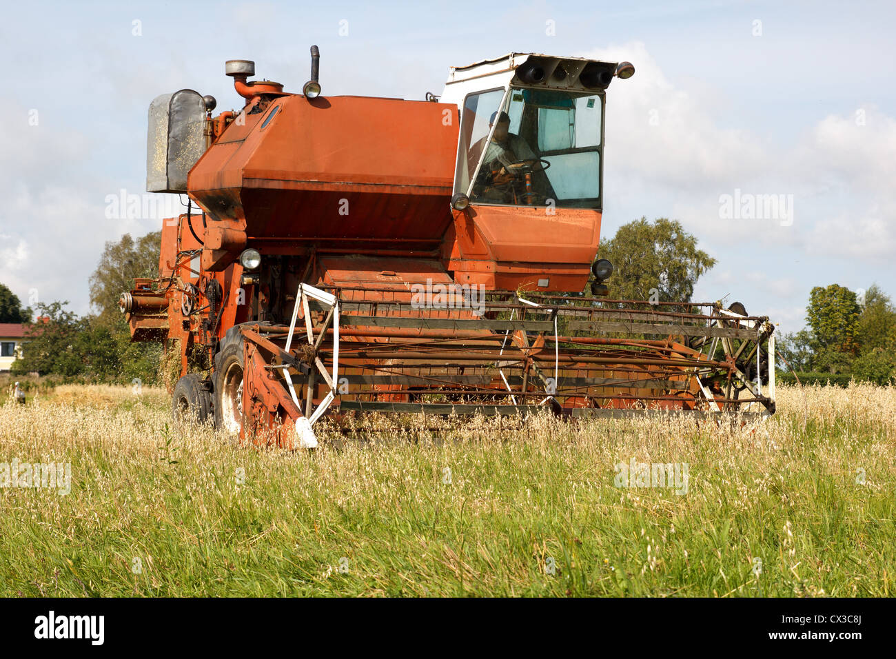 old grain harvester working on field Stock Photo - Alamy