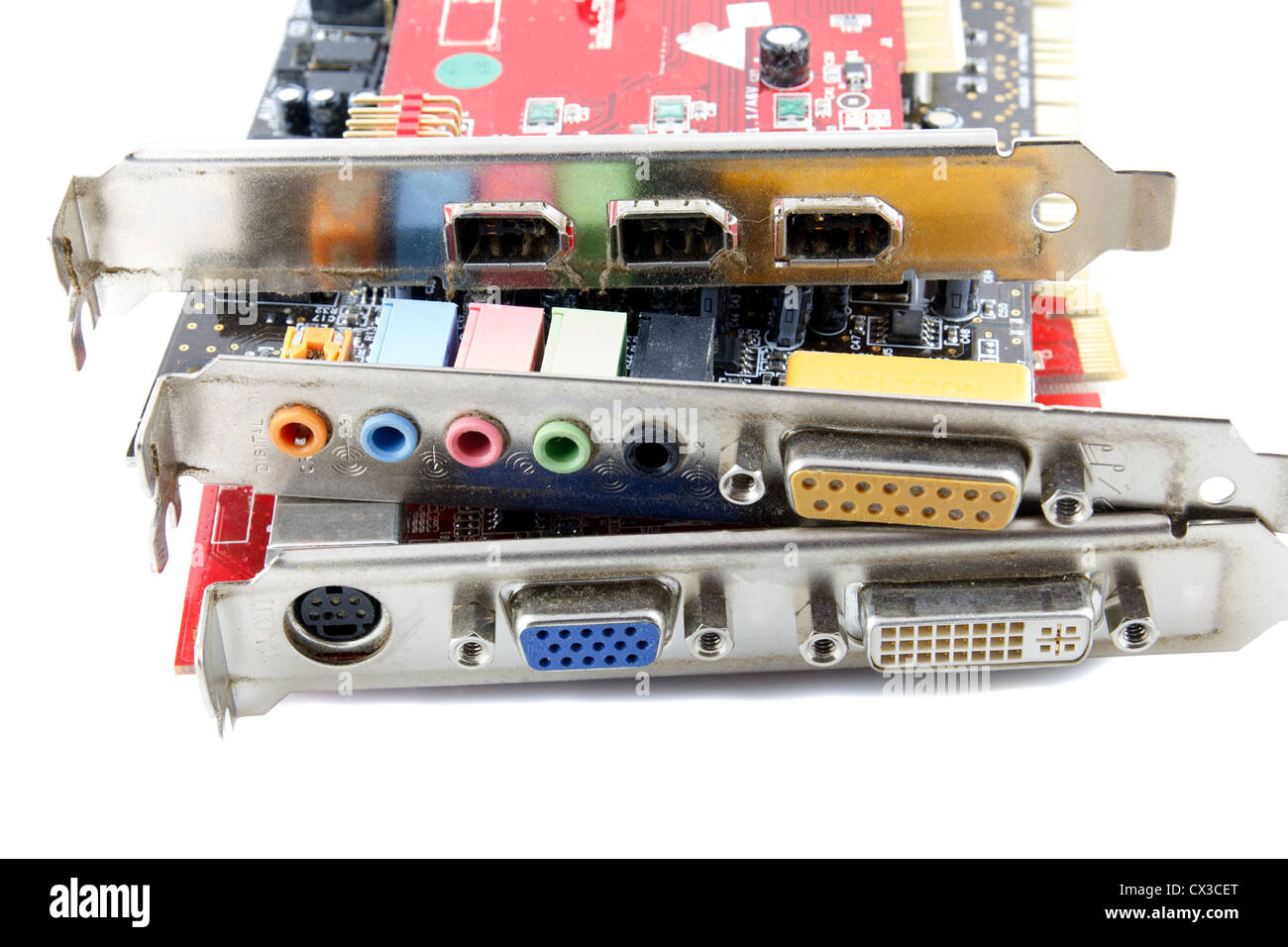 old computer parts on a white background Stock Photo - Alamy