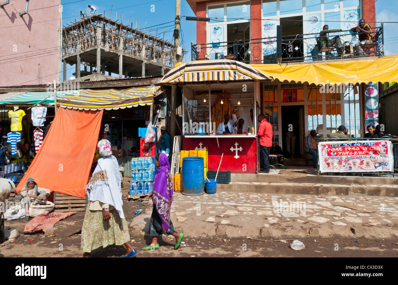 Addis Ababa Ethiopia Africa surburbs of city capital with poor shops ...
