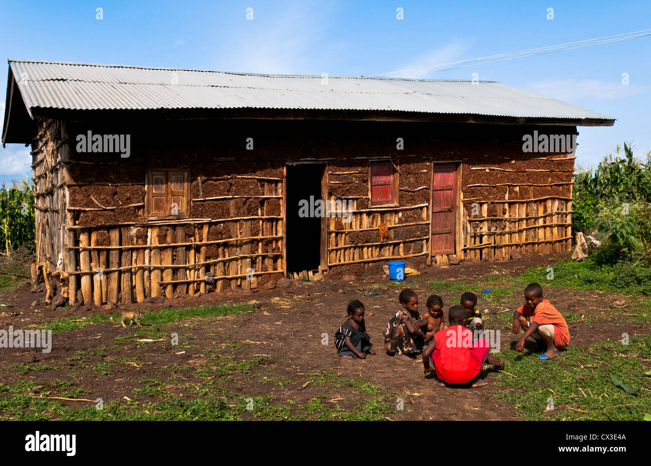 Weliata Sodo Ethiopia Africa Gamo tribe home with children playing game ...