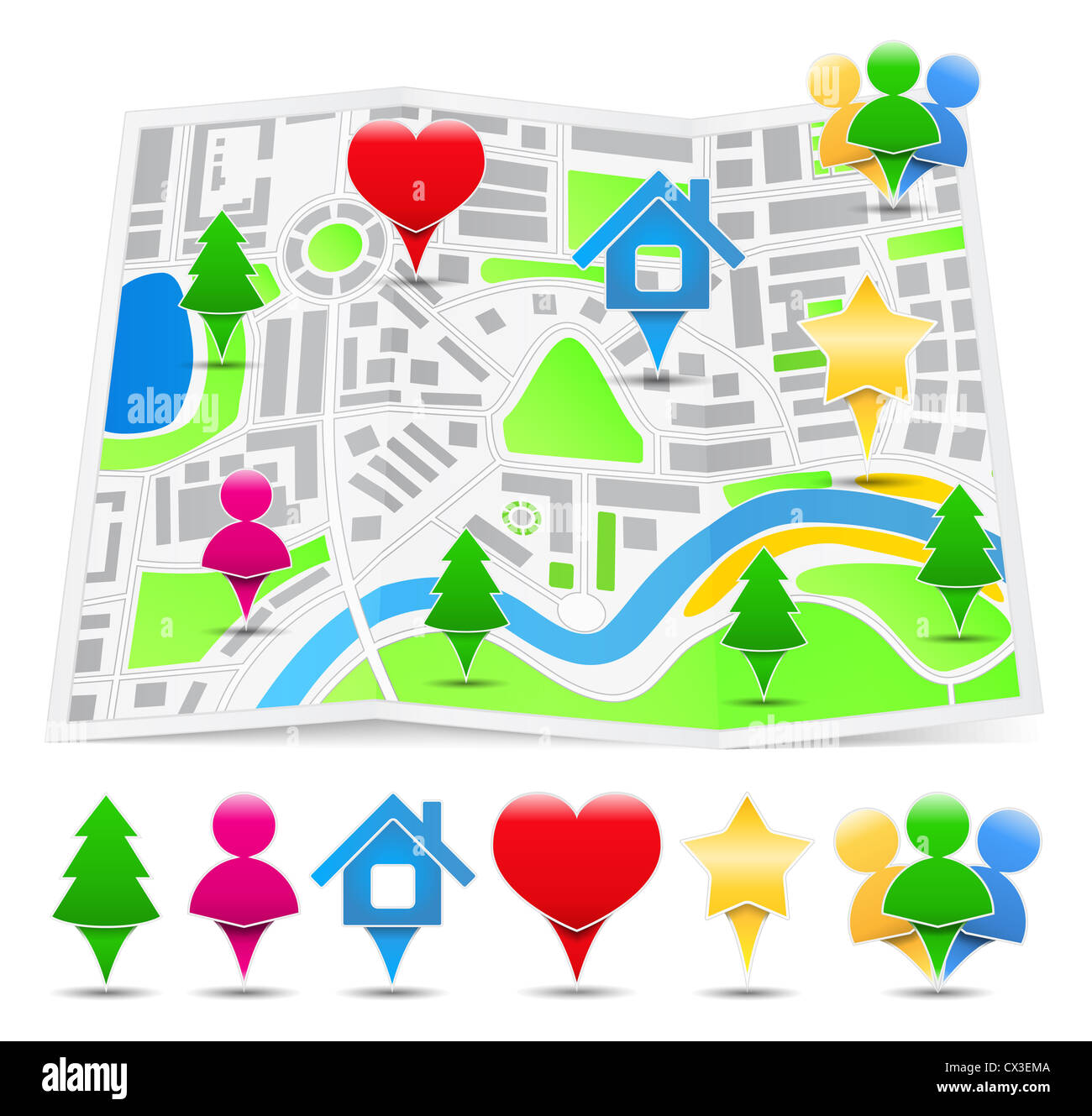 Abstract map with different map markers Stock Photo - Alamy