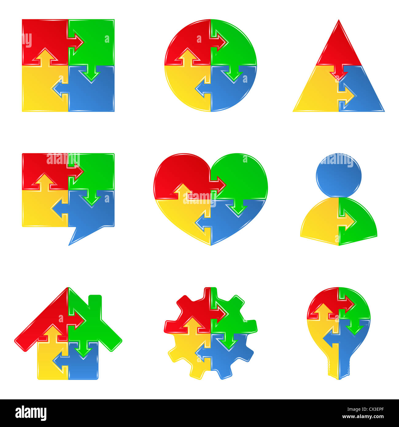 Puzzle objects with arrows Stock Photo - Alamy