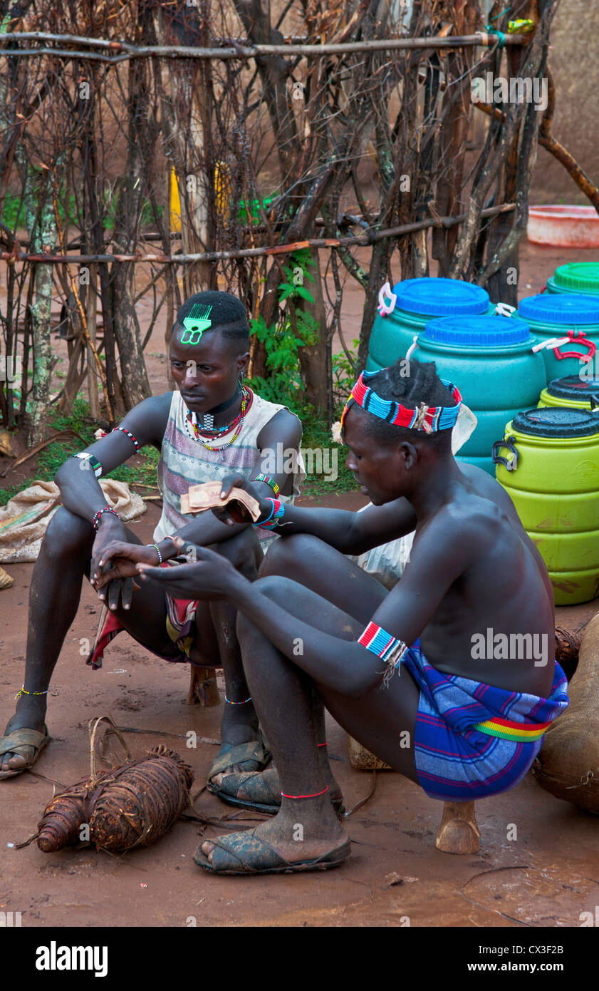 Key Afer Ethiopia Africa village Lower Omo Valley closeup of two Bena ...