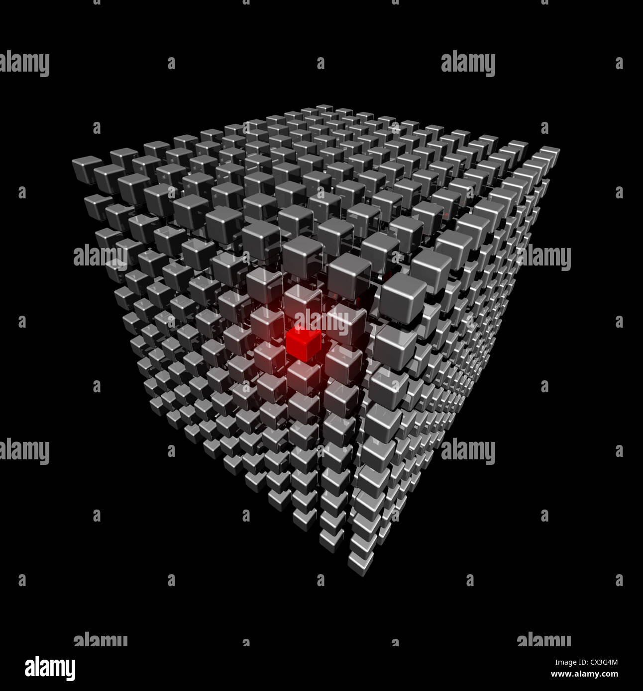 Isolated three dimensional cube made of metal cubes whith a red ...