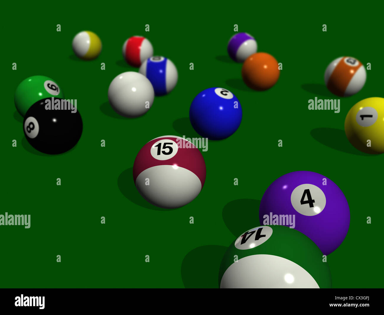 pool balls on a green billiard table. Three dimensional illustration ...