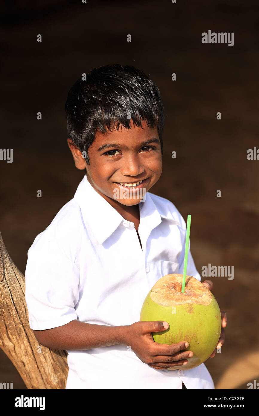 Young Indian boy drinking from a coconut Andhra Pradesh South India ...