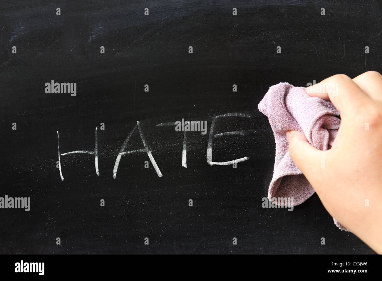 Hand wiping off hate word using rag Stock Photo - Alamy