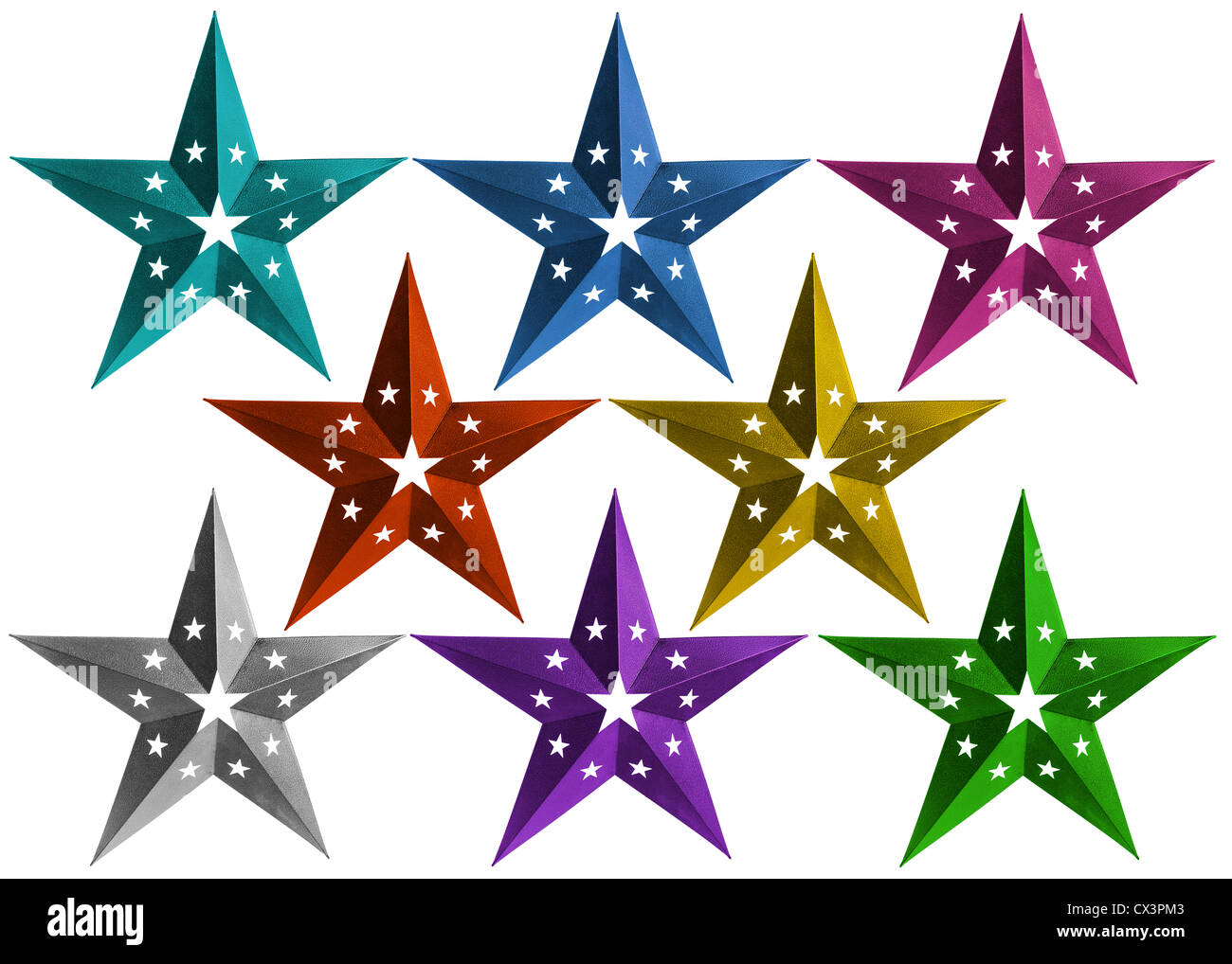 Star Christmas decorations of different colors isolated over white ...