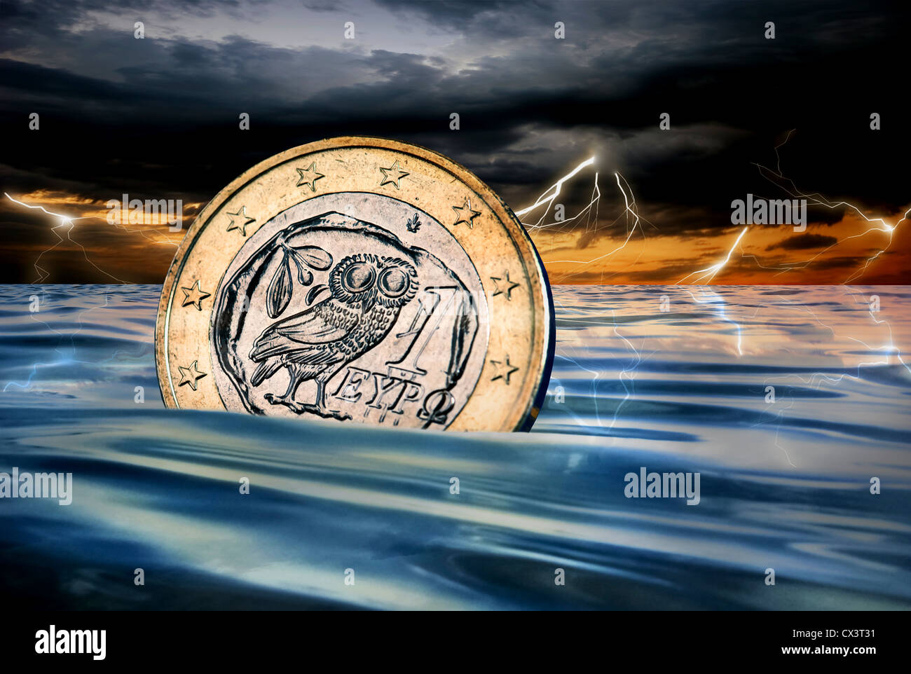 Greek Euro coin drowning in the sea during a thunderstorm Stock Photo ...