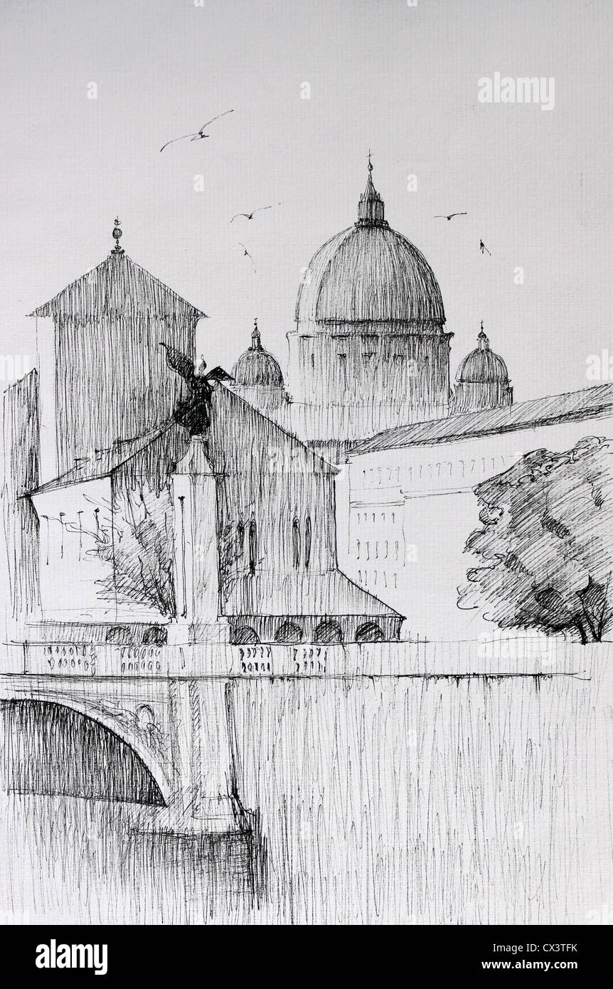 Roman cityscape of the Vatican City painted by ink Stock Photo - Alamy