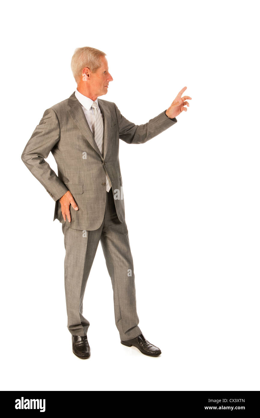 Senior business man pointing to presentation isolated over white ...