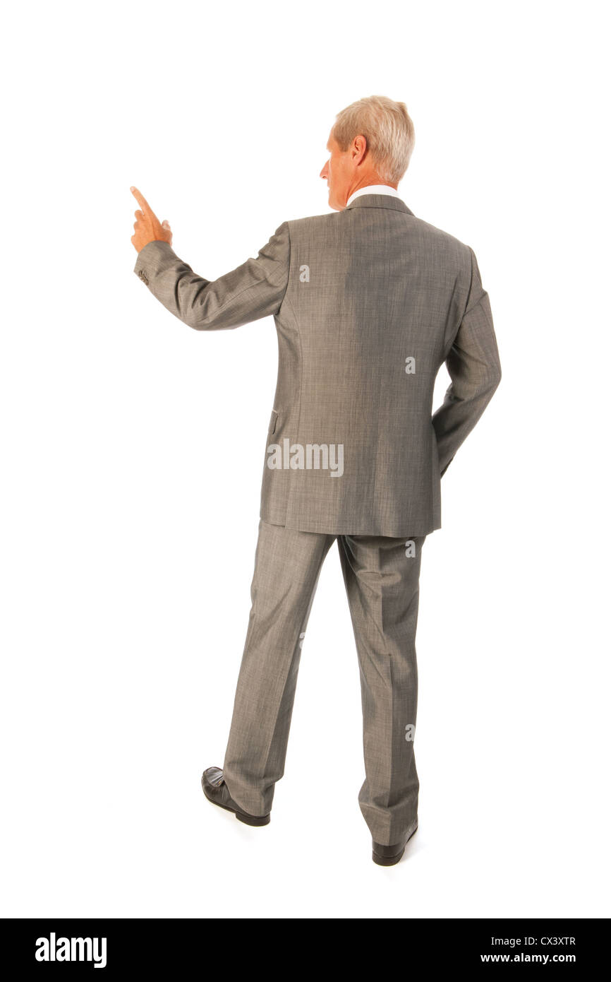 Senior business man pointing to presentation isolated over white ...