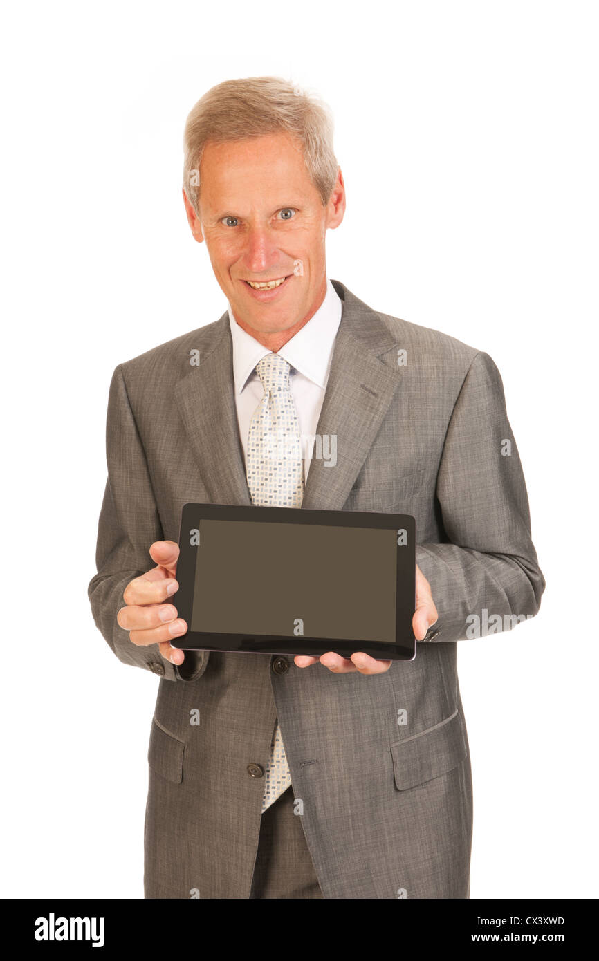 Senior business man with digital tablet isolated over white background ...