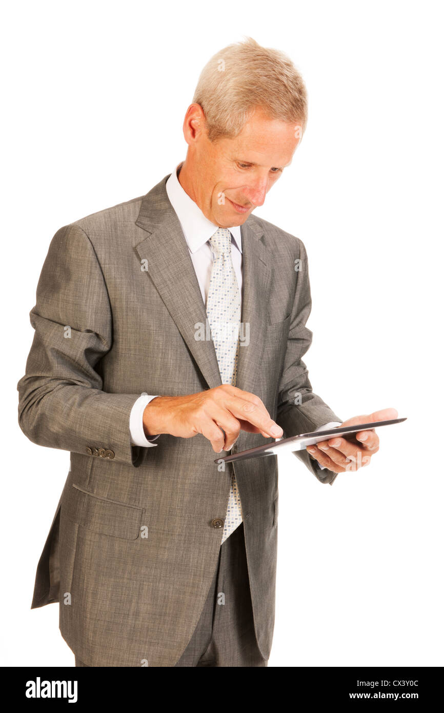 Senior business man with digital tablet isolated over white background ...